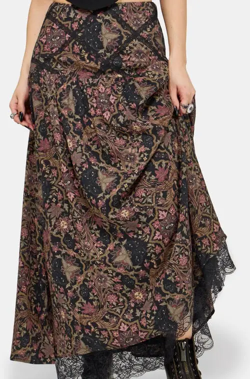 DISTURBIA Mythos Print Lace Detail Midaxi Skirt