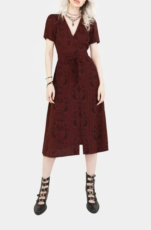 DISTURBIA Annabel Raven Print Button-up Midi Dress - Red