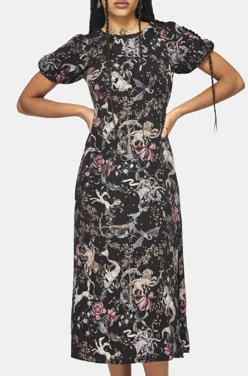 DISTURBIA Enchanted Forest Print Midi Dress With Puff Sleeves - Black