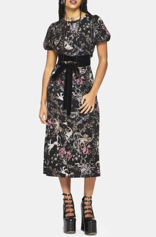 DISTURBIA Enchanted Forest Print Midi Dress With Puff Sleeves