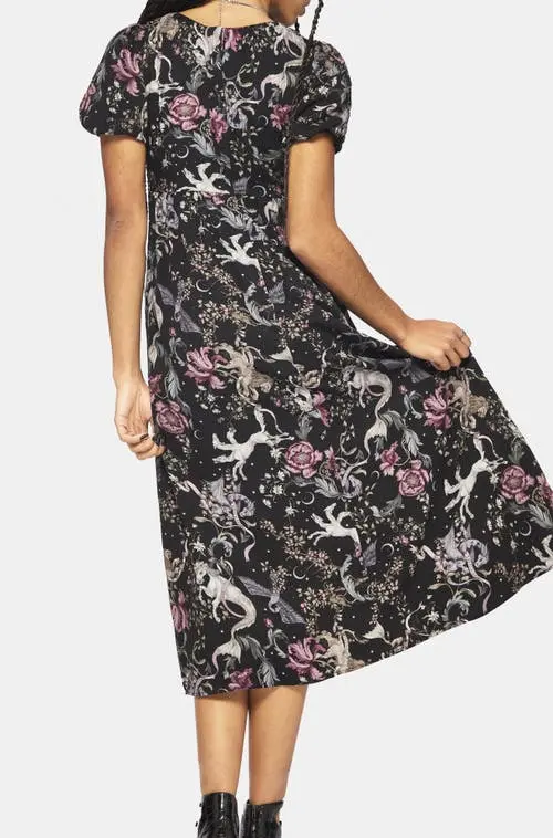 DISTURBIA Enchanted Forest Print Midi Dress With Puff Sleeves