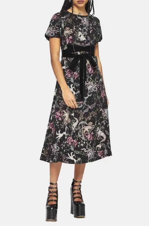 DISTURBIA Enchanted Forest Print Midi Dress With Puff Sleeves