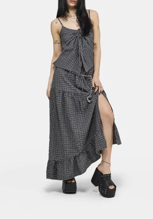 DISTURBIA Nimira Check Asymmetrical Maxi Skirt