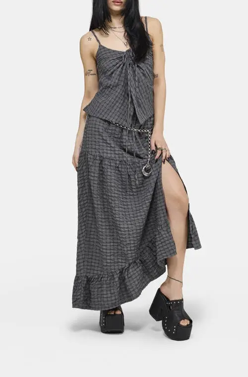 DISTURBIA Nimira Check Asymmetrical Maxi Skirt
