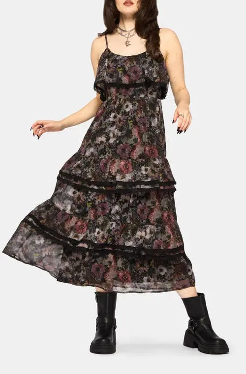 DISTURBIA Mortua Grunge Floral Print Tiered Maxi Dress