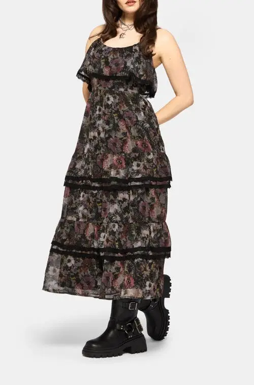 DISTURBIA Mortua Grunge Floral Print Tiered Maxi Dress