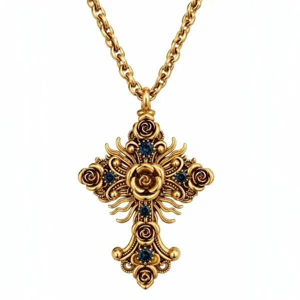 VSTYLE Sacred Heart Collection Sculptural Rose Cross Necklace - Gold