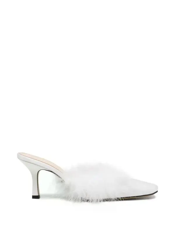 Mach & Mach Carolyn B Feather-trim Square-toe Mules - White