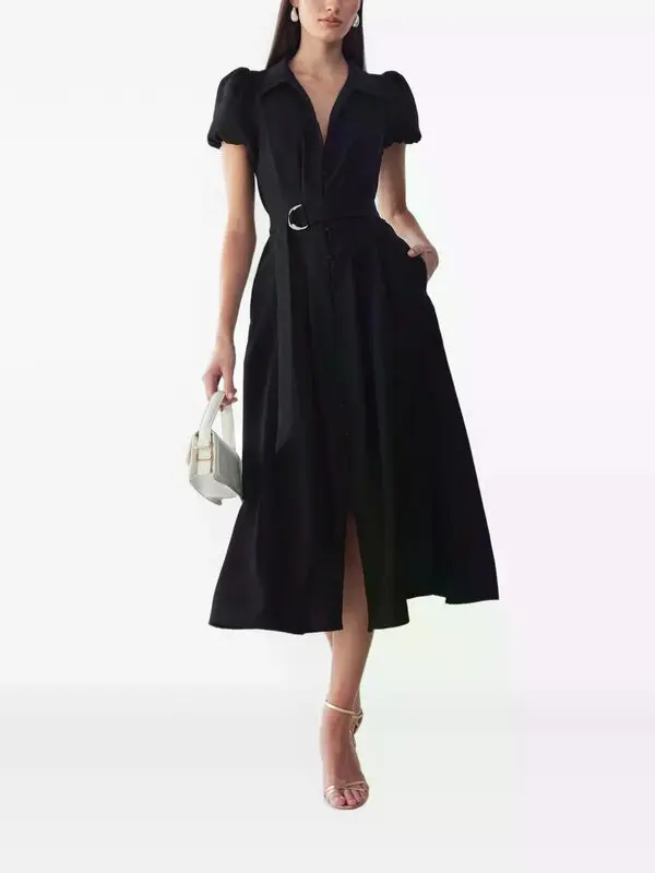 WILLA Belted Puff-sleeve Midi Dress - Black