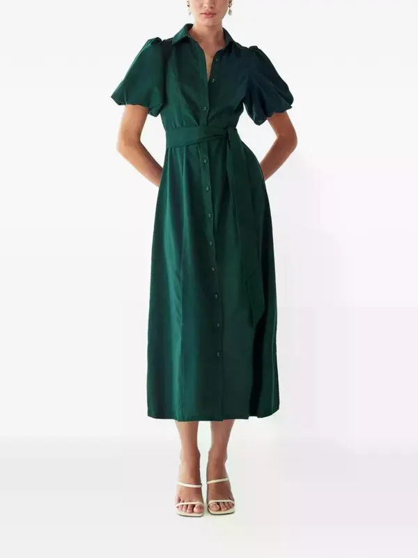 WILLA Belted Puff-sleeve Midi Dress - Green