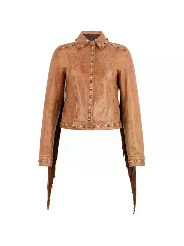 Roberto Cavalli Fringed-detail Stud-embellished Jacket - Brown