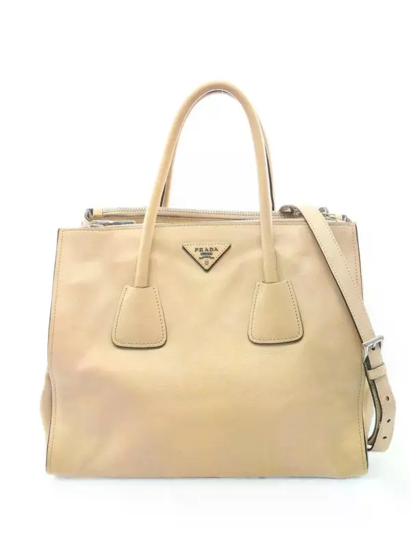 Prada Leather Triangle Logo Tote Bag - Neutrals