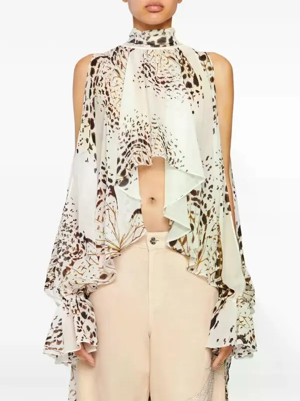 Blumarine Animal Print Ruffled Sleeveless Blouse - White