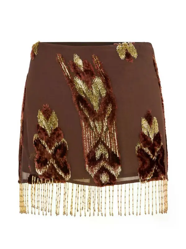 Roberto Cavalli Devoré-velvet Mini Skirt With Bead Fringe - Brown