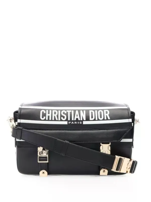 Dior Leather Striped Flap Shoulder Bag - Black