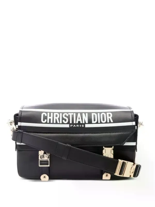 Dior Leather Striped Flap Shoulder Bag - Black