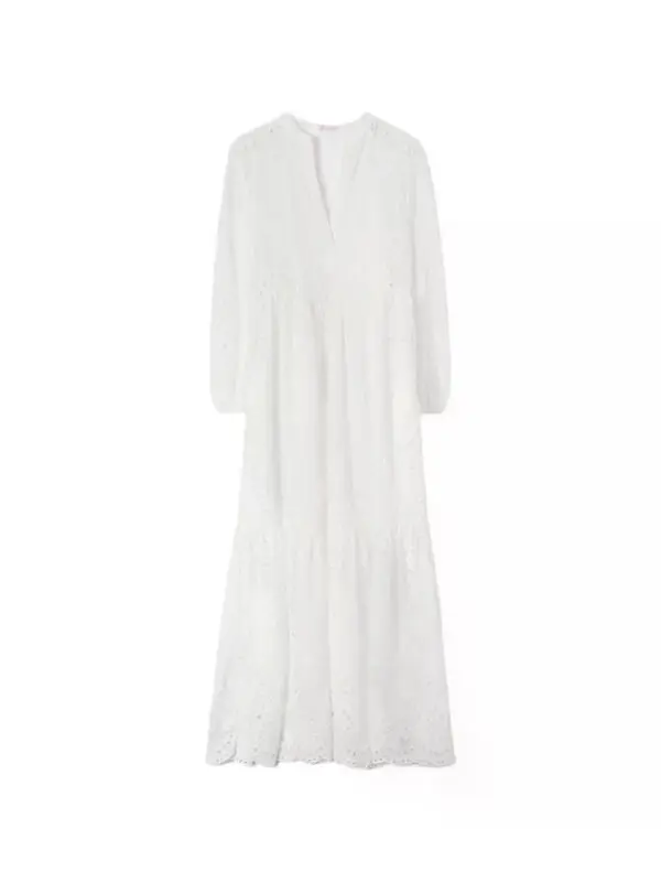 MC2 SAINT BARTH Sylvia Maxi Dress Broderie Anglaise V-neck Long Sleeve - White