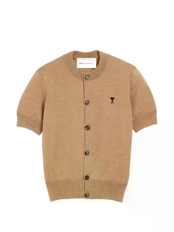AMI Paris Wool Short-sleeve Cardigan With De Coeur - Neutrals