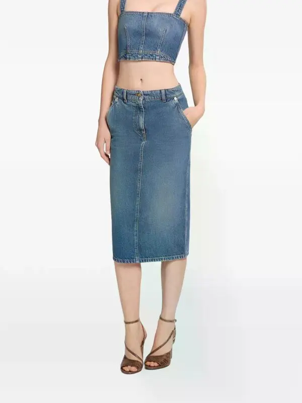 Elie Saab Washed-denim Pencil Midi Skirt