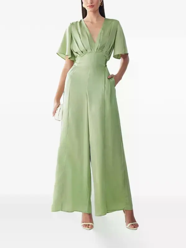 WILLA Satin Finish V-neck Jumpsuit With Flutter Sleeves - Green