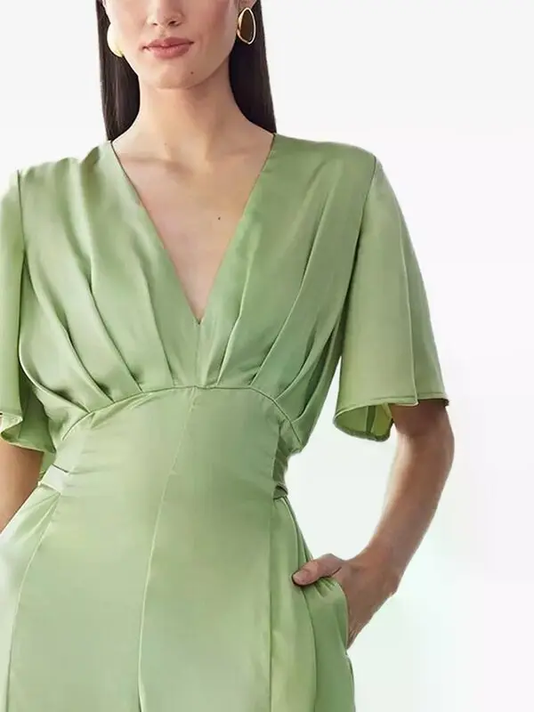 WILLA Satin Finish V-neck Jumpsuit With Flutter Sleeves - Green