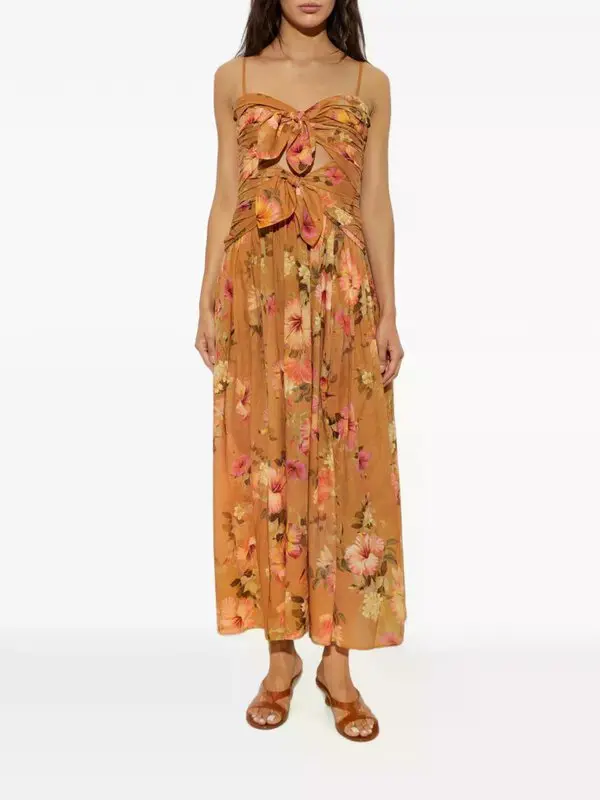 Zimmermann Mahon Floral-print Tie-detail Midi Dress - Neutrals