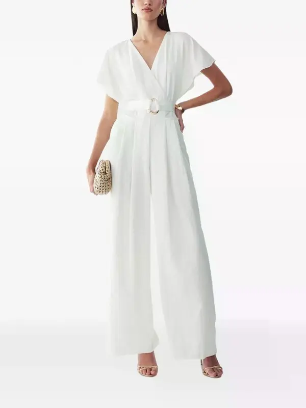 BWLDR Belted V-neck Wide Leg Jumpsuit - White