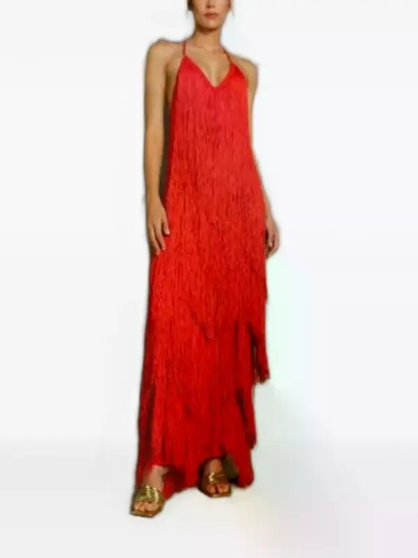 BLESS Fringe-trimmed Tiered Maxi Dress - Red