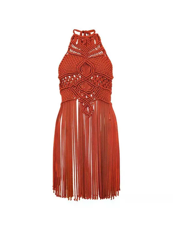 Alberta Ferretti Macramé Fringe Halterneck Mini Dress - Orange