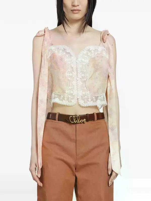 Chloé Floral-print Lace-trim Top - Pink