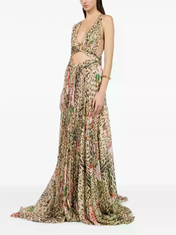 Roberto Cavalli Jaguar-print Cut-out Gown