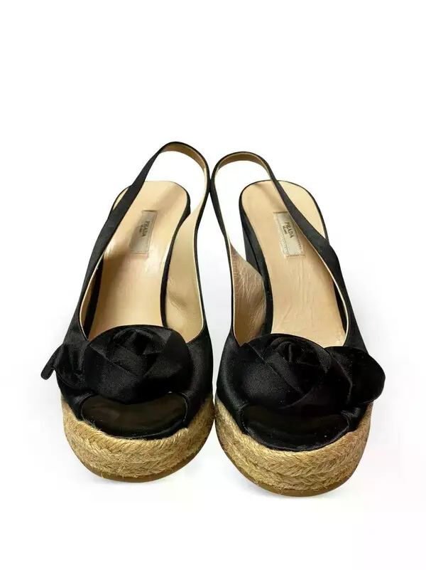 Prada Flower Detail Espadrille Wedges - Black