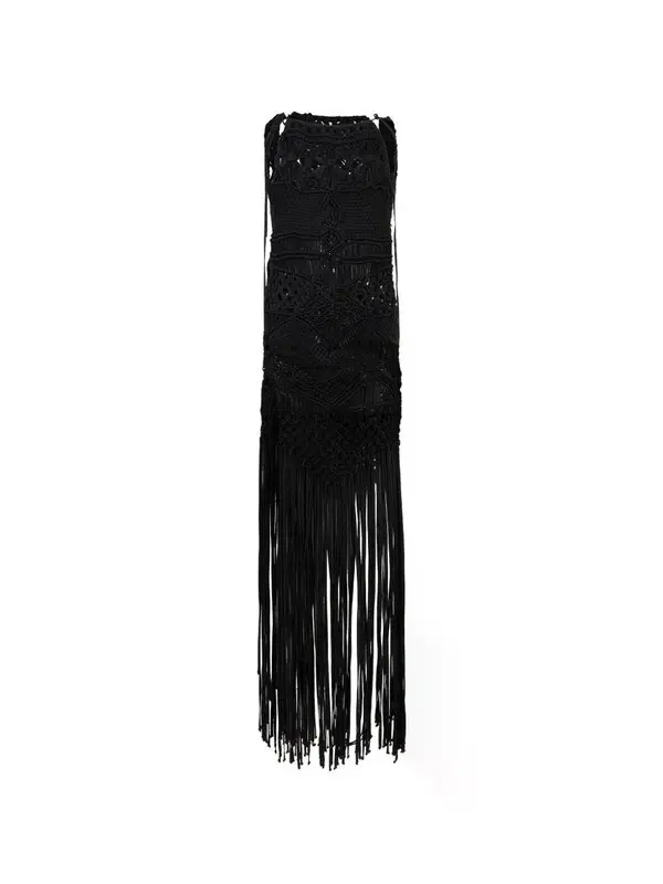 Alberta Ferretti Macramé Fringe Halterneck Dress - Black