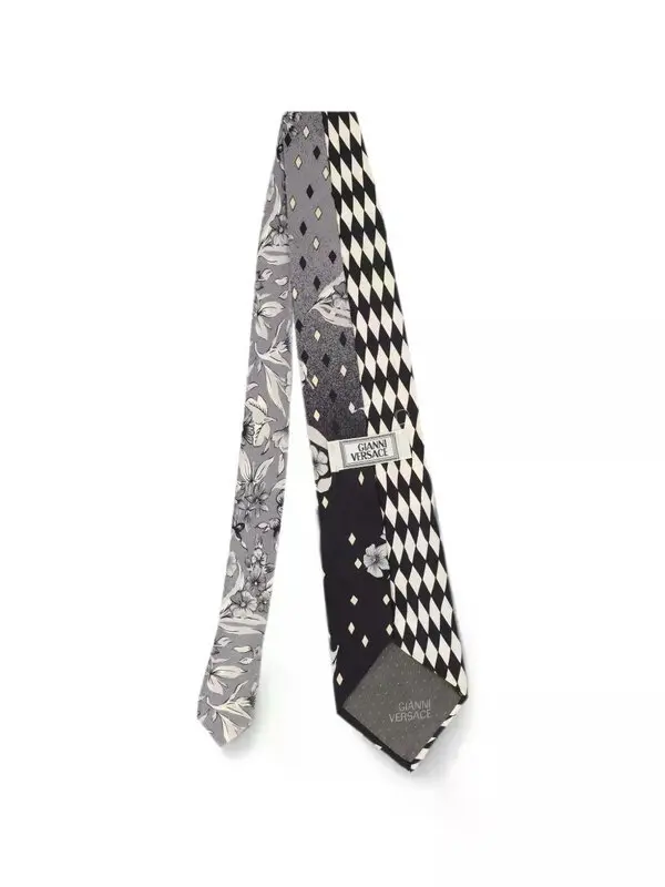 Versace And White Silk Floral And Harlequin Print Neck Tie