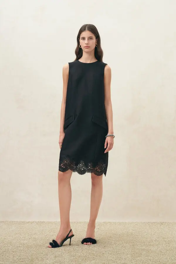 Fabrique Silk-wool Satin A-line Dress With Embroidered Lace - Black