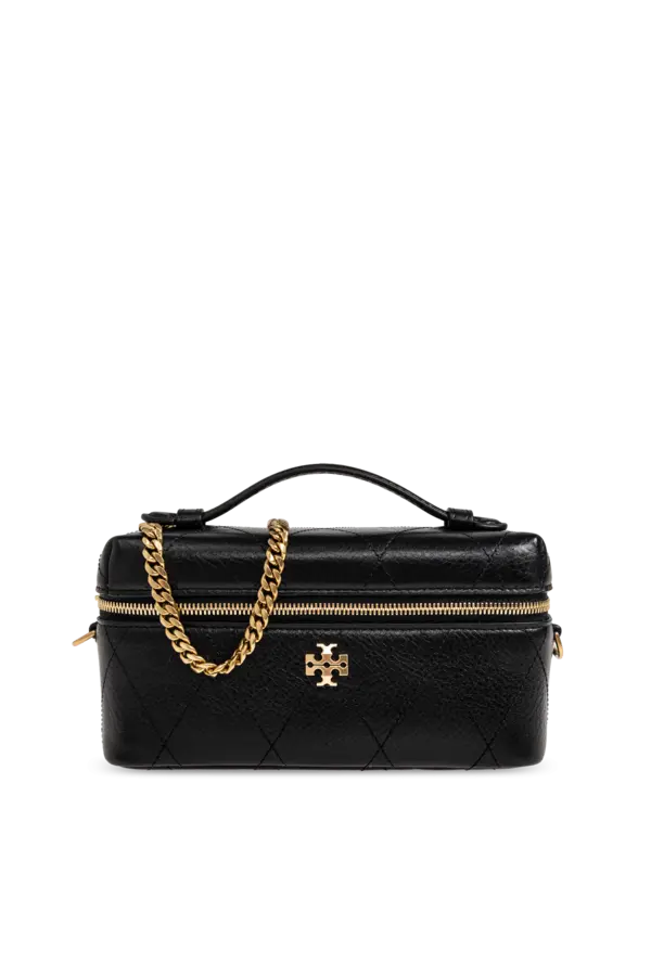 Tory Burch Charlie Quilted Leather Vanity Case With Chain Strap - Black