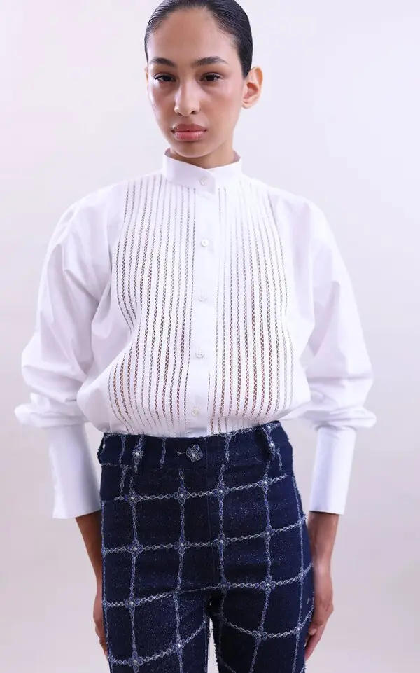 FRANCESCA MIRANDA Tuxedo Cotton Handwoven Blouse