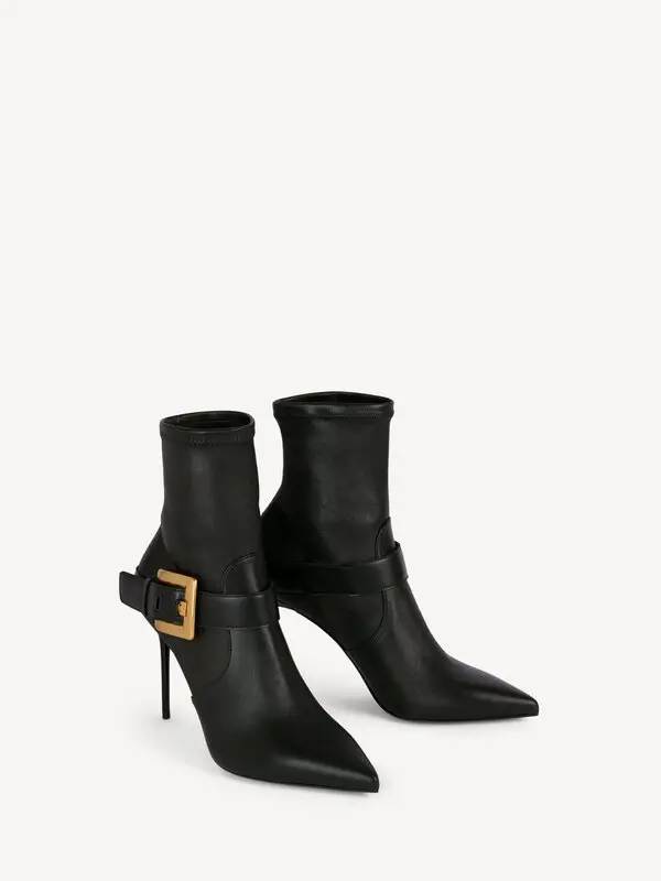 Balmain Anthem Stretch Leather Ankle Boots With Gold Buckle