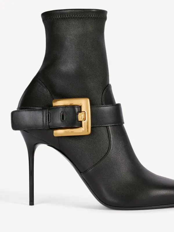 Balmain Anthem Stretch Leather Ankle Boots With Gold Buckle