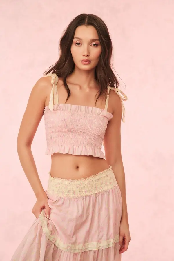 LoveShackFancy Corbin Cotton Mixed Print Top