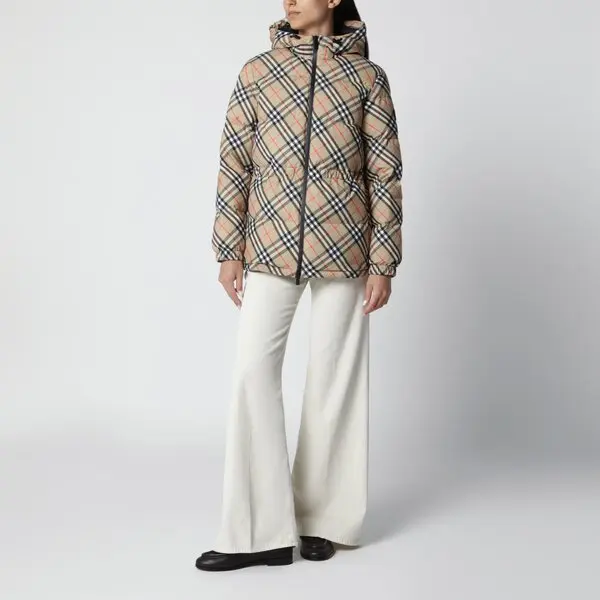 Burberry Hooded Check Nylon Puffer Jacket In Sand