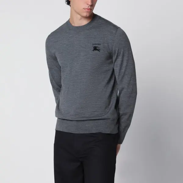 Burberry Wool Crewneck Sweater With Equestrian Knight Design - Grey