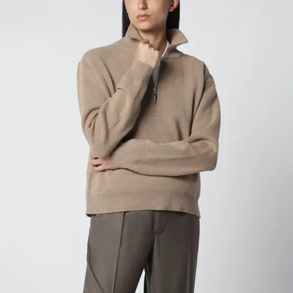 RÓHE Camel Mouline Knit Zip Polo Shirt
