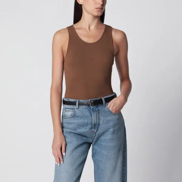 Saint Laurent Cassandre Ribbed Cotton Jersey Tank Top In Cognac - Brown