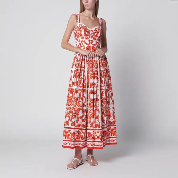 Dolce & Gabbana Majolica Print Cotton Poplin Maxi Dress - Orange