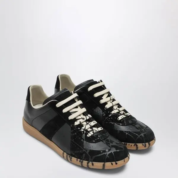 MAISON MARGIELA Replica Paint-splattered Calfskin And Suede Sneakers - Black