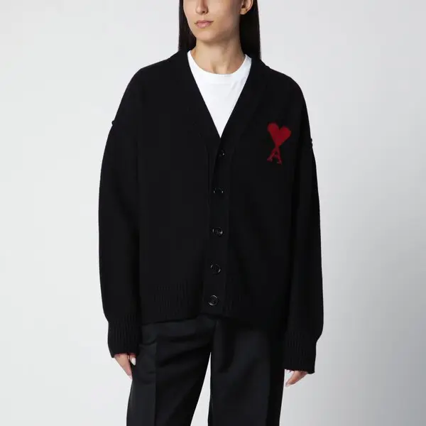 AMI Paris Merino Wool De Coeur Cardigan - Black