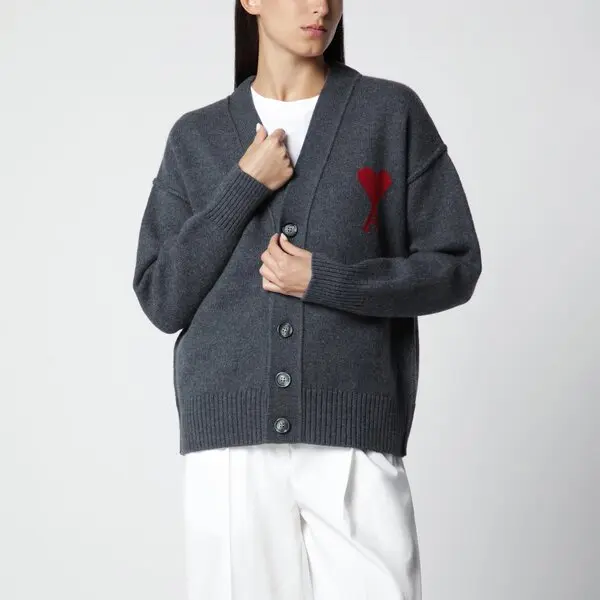 AMI Paris De Coeur Merino Wool Cardigan - Grey