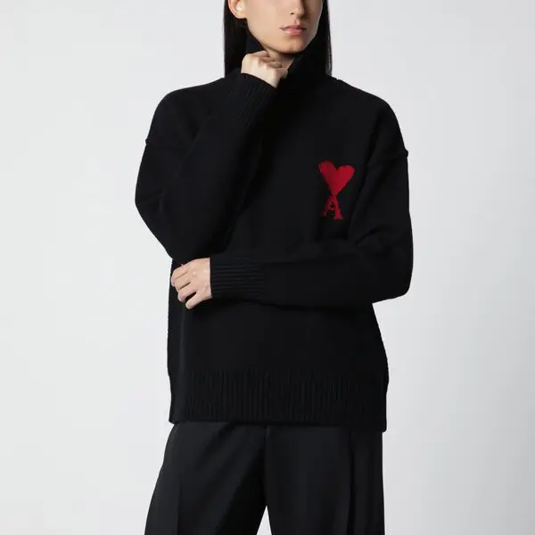 AMI Paris Merino Wool Turtleneck With De Coeur Intarsia - Black