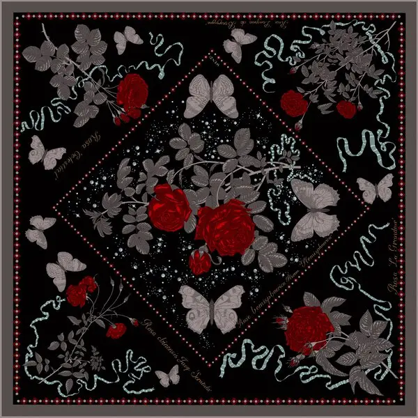 WENZI Black / Red / Grey Midnight Roses Rouge Double Sided Silk Twill Scarf - Black/red/grey